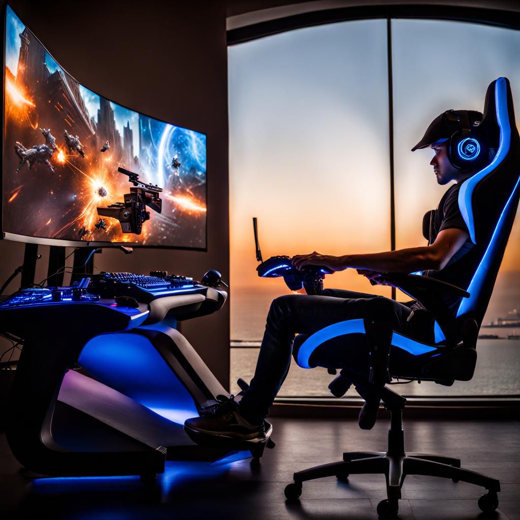 Gaming teenager playing action video games while sitting on a top-of ...