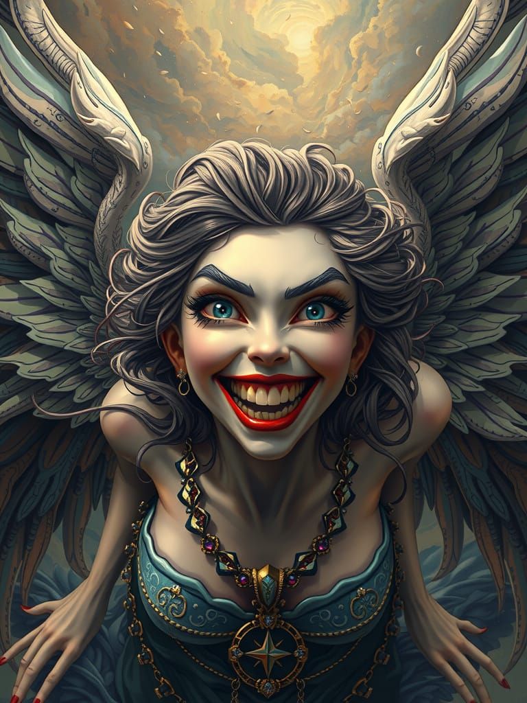 Very madness female angel with evil smile dynamic random pose, Top-down ...