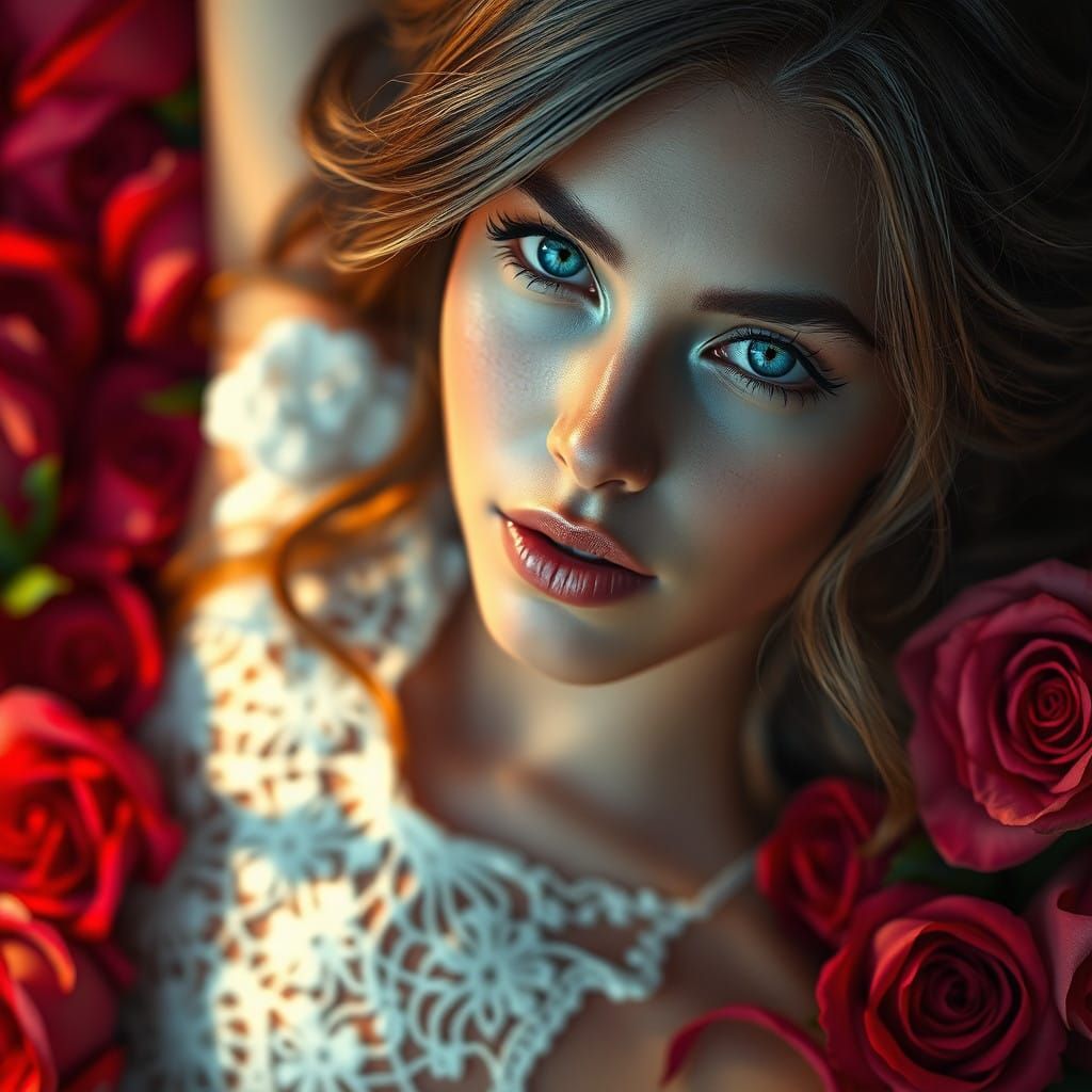Sensual Goddess in Red Roses, in the Style of Fine... - AI Art