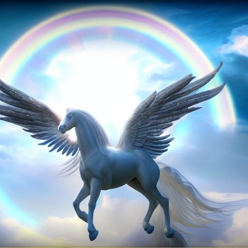 Pegasus flying in the sky, with a halo around the sun - AI Generated ...