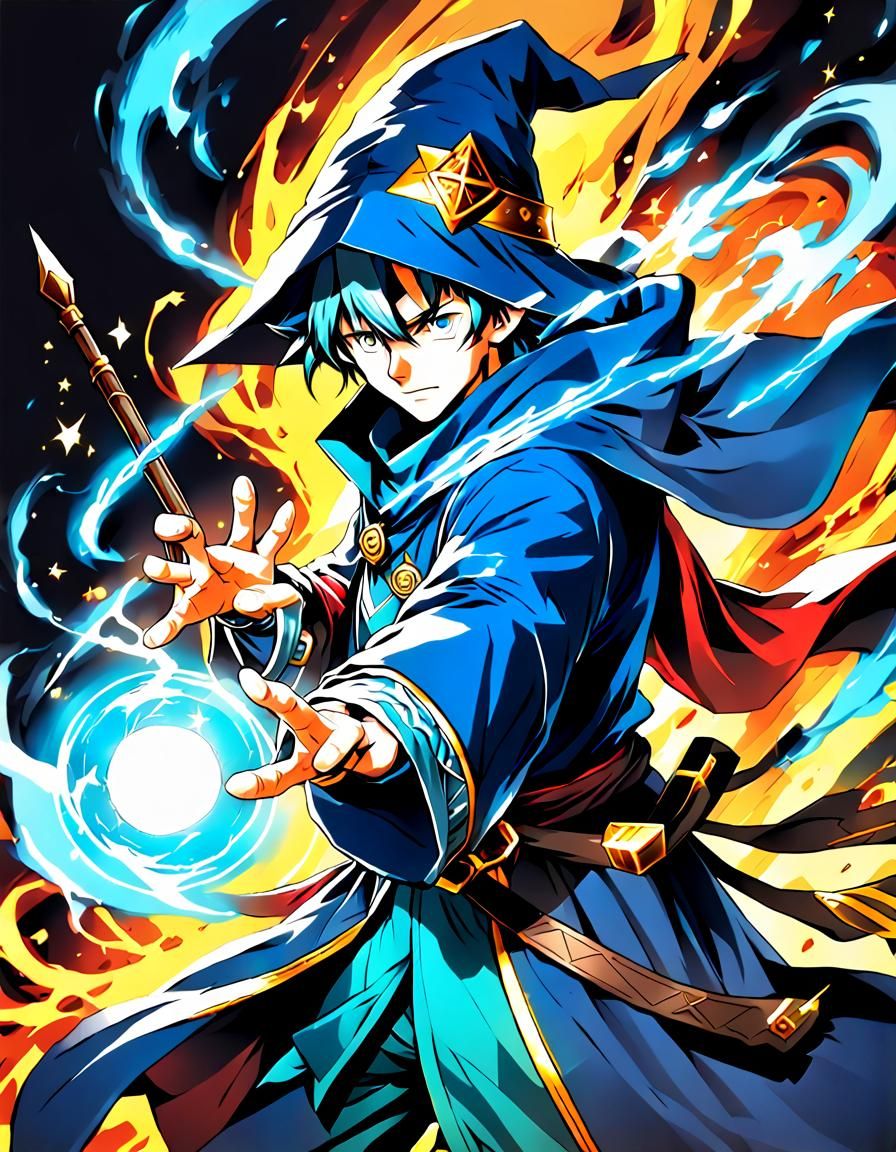 A male wizard casting a spell in combat Masterpiece, Best Quality, flat ...