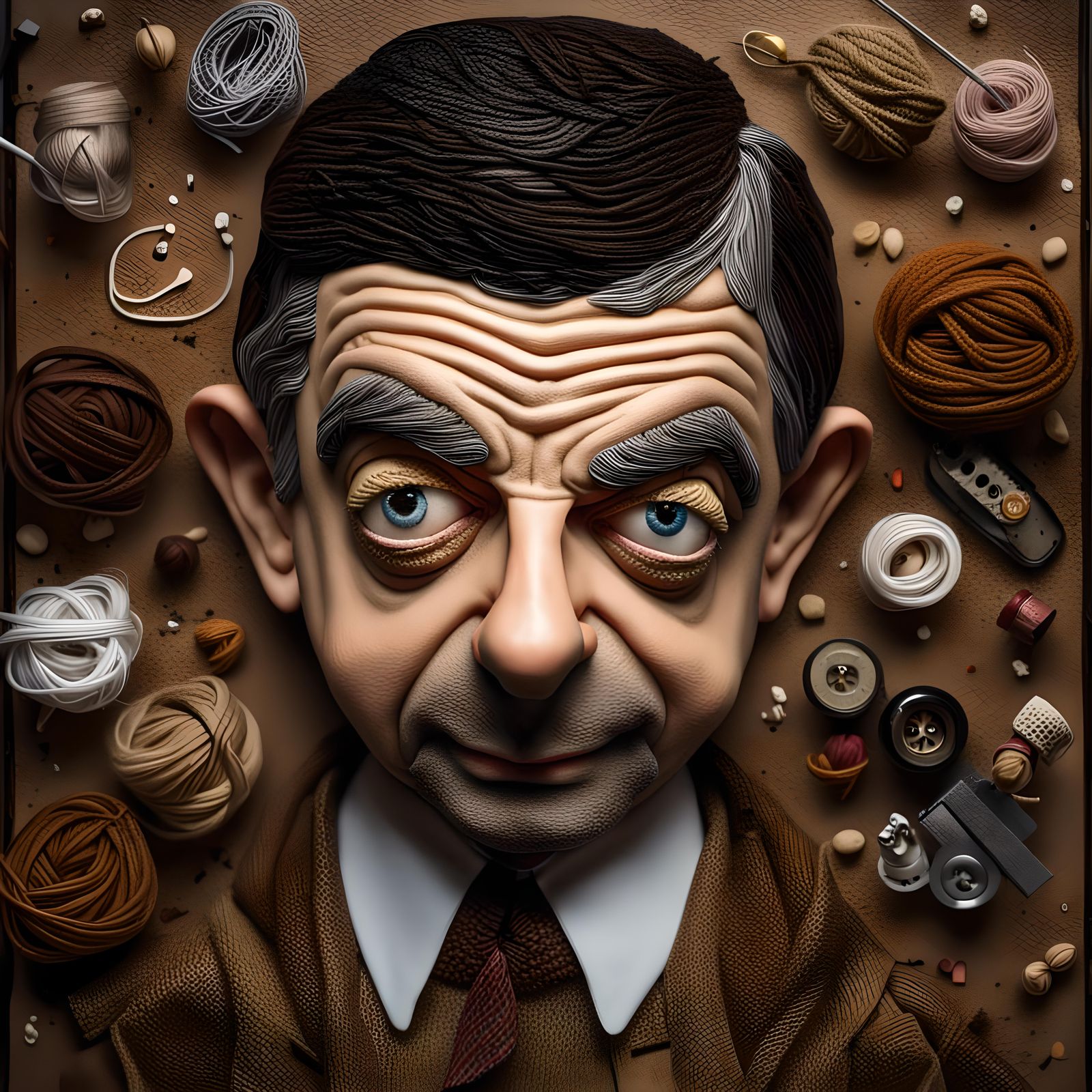 Portrait of Mr Bean done with mixed-media metal, glass, sand, wood ...