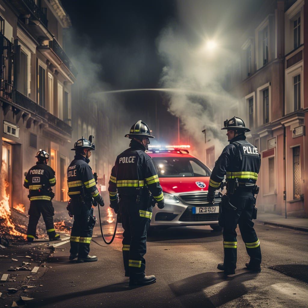 firefighters and police in a Europese scene featuring collaborating ...
