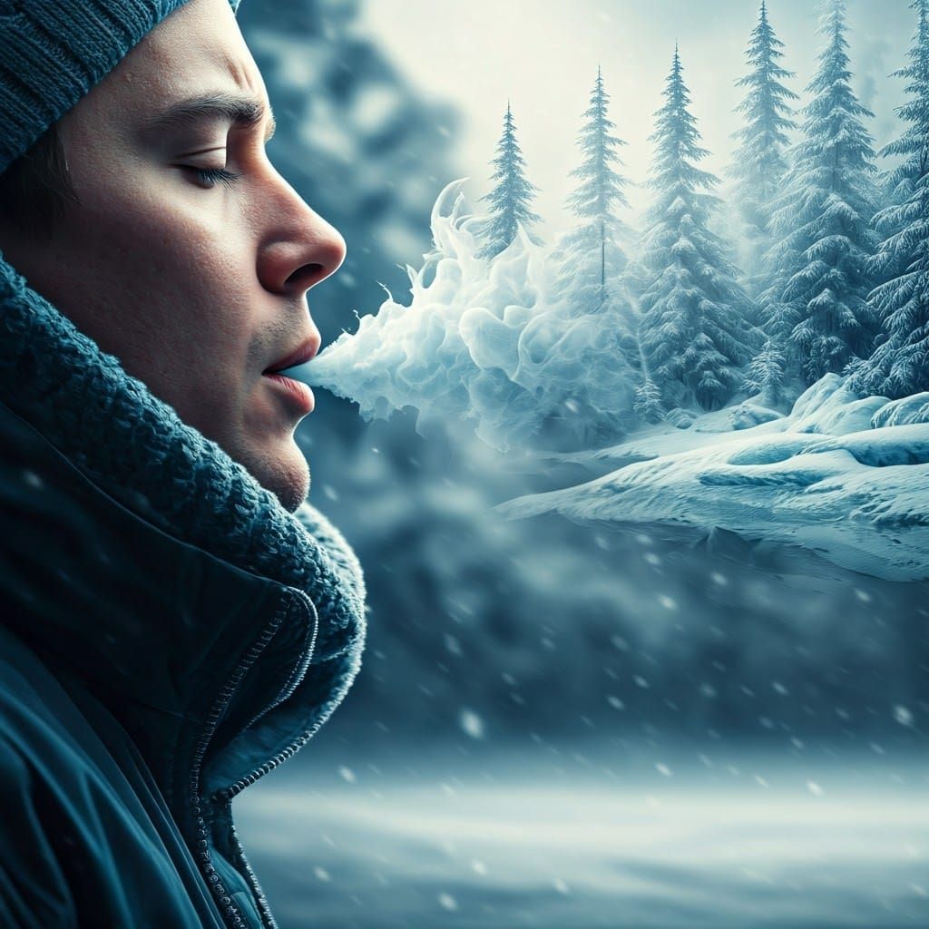 A hyper-realistic image of a person exhaling in a cold, wintry ...