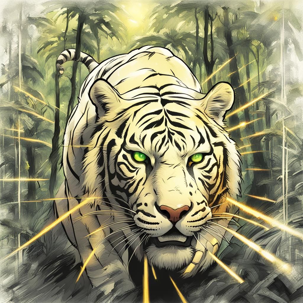 cyborg Bengal tiger attacking in jungle, with glowing yellow laser eyes ...