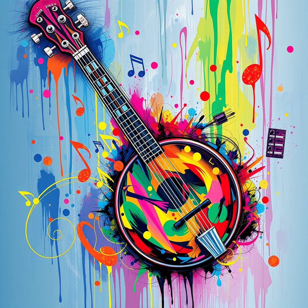 an abstract image of a colorful banjo twisting and curving through ...