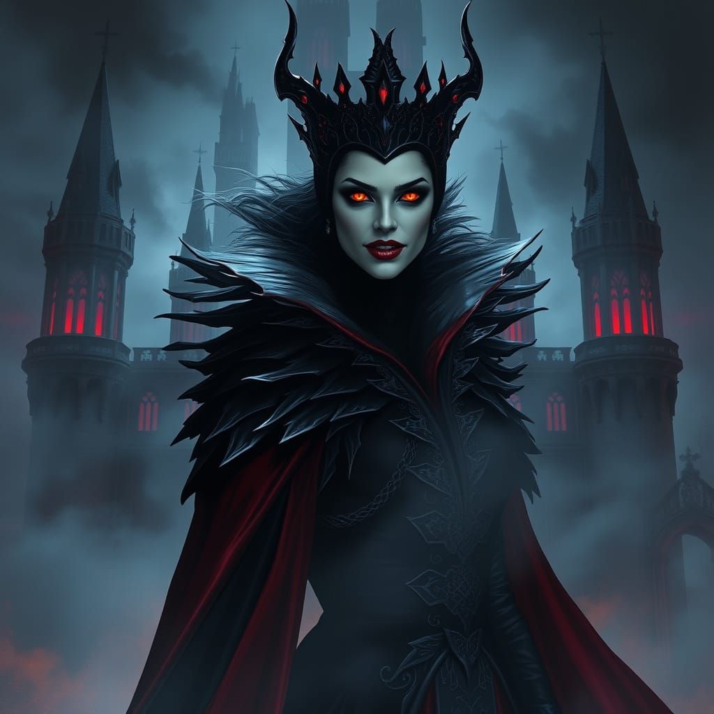 The Evil Queen stands in her castle, a menacing figure of power and ...