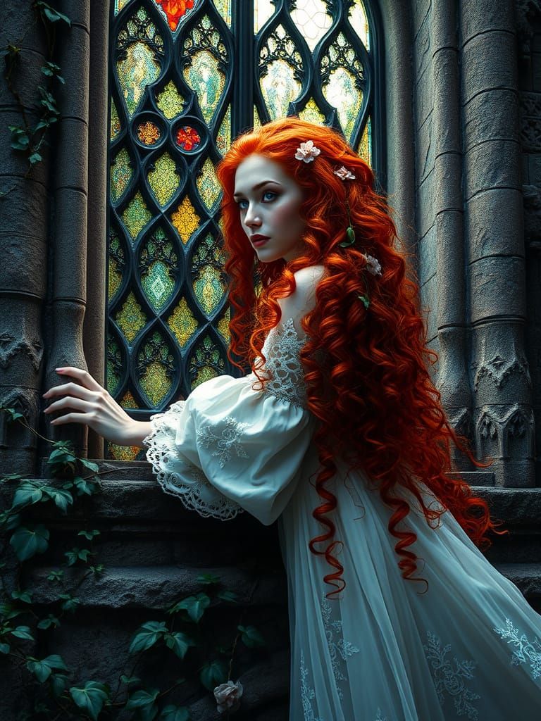 by the window - Ethereal Gothic Woman Leans Out of a Stained...