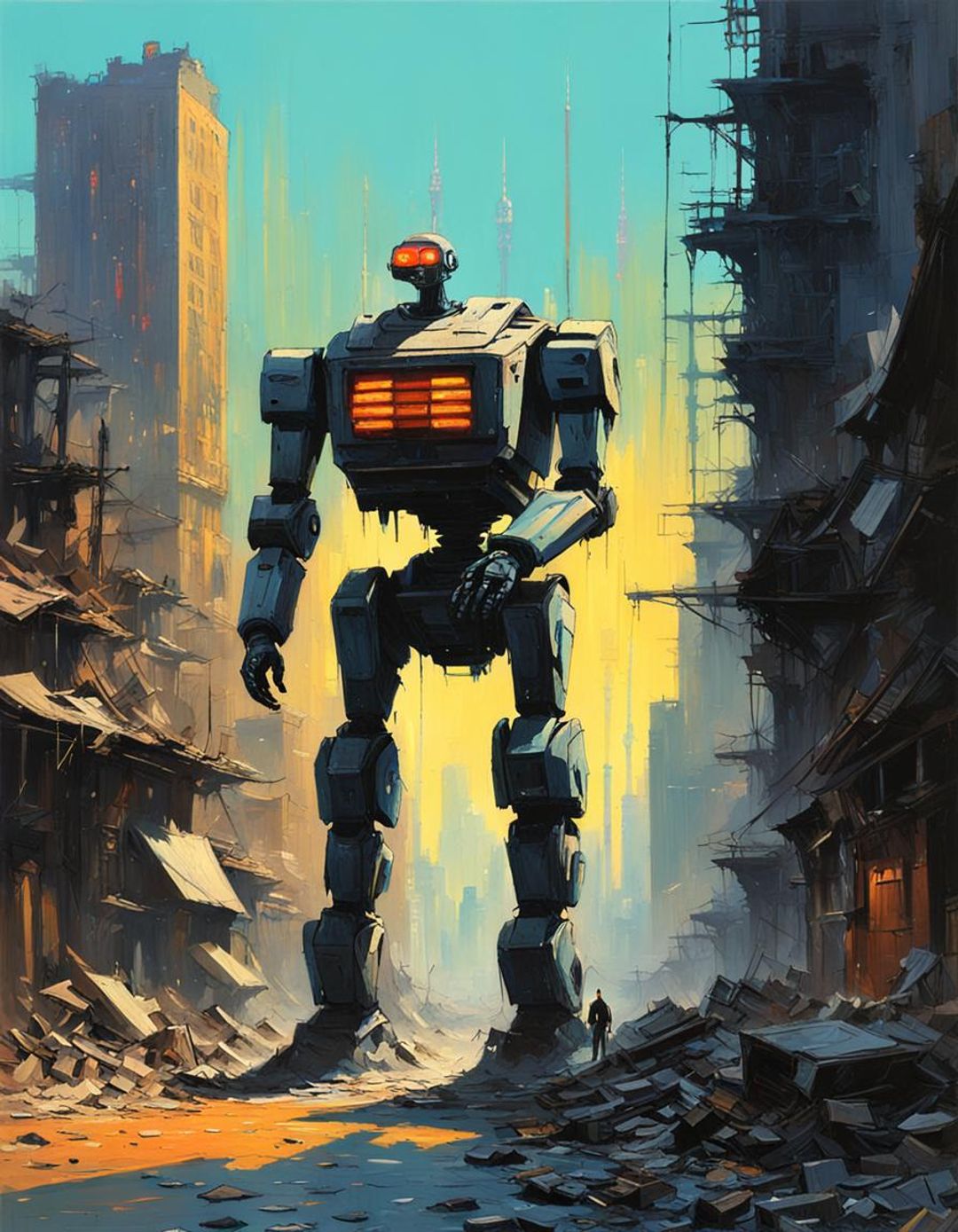 huge vintage robot Impressionist painting, walks in a futuristic ...
