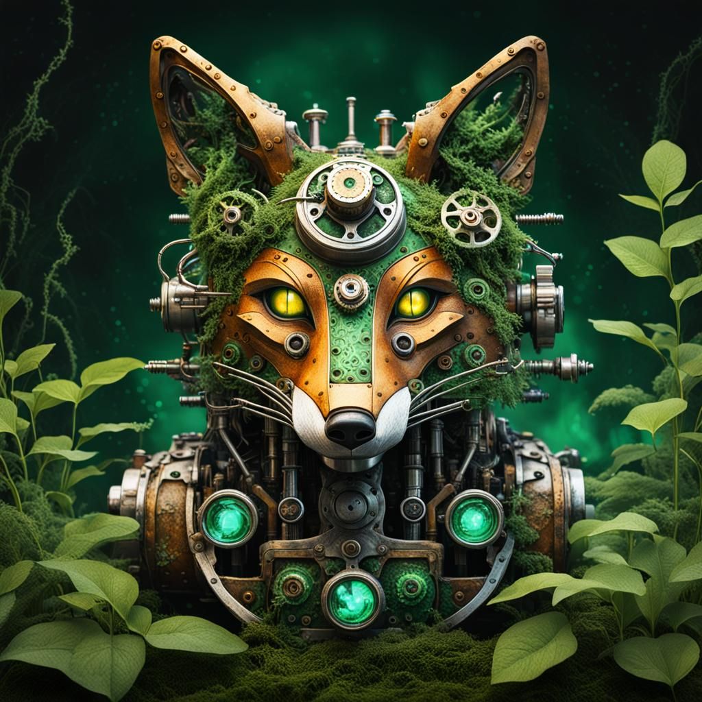 Steampunk Mechanical Fox Decaying into Verdant Ove... - AI Art