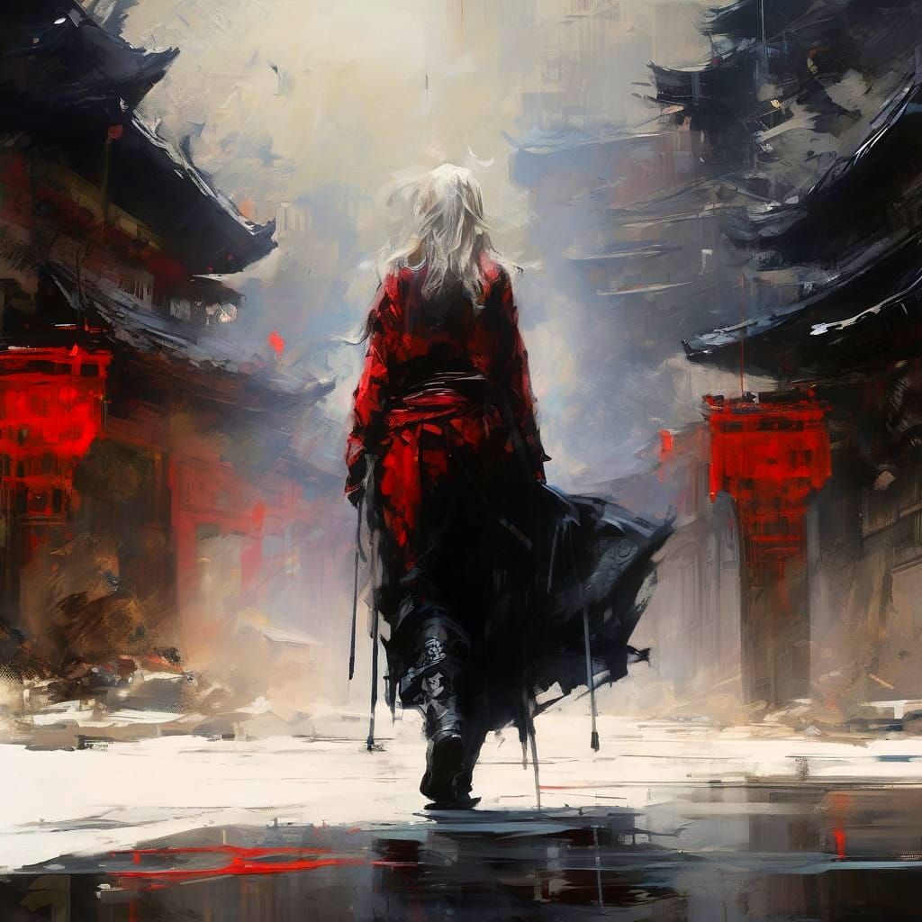 Stark contrast; oils; black and white; red and black japanese writing ...