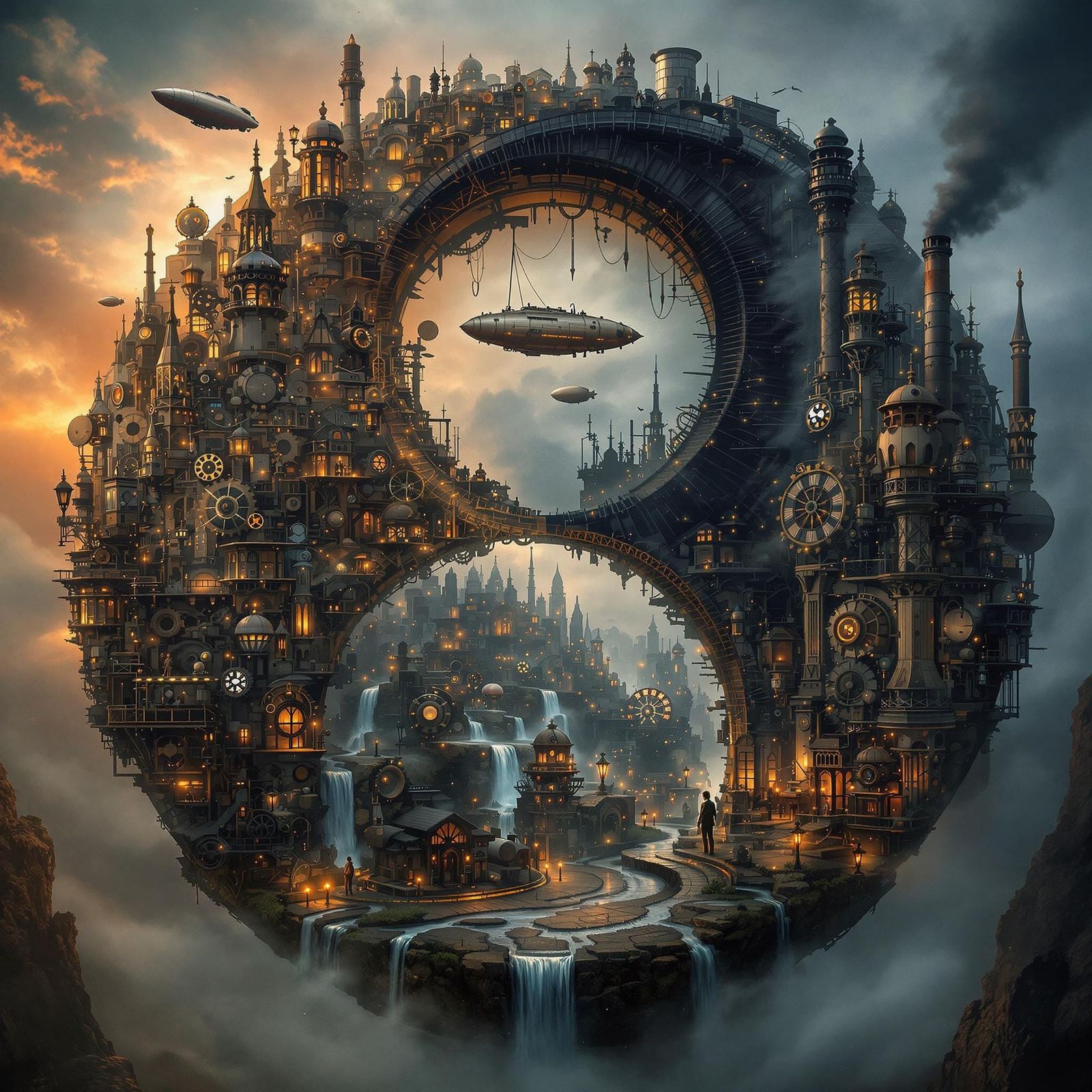 Surreal Steampunk Cityscapes Form Yin-Yang Symbol ... - AI Art