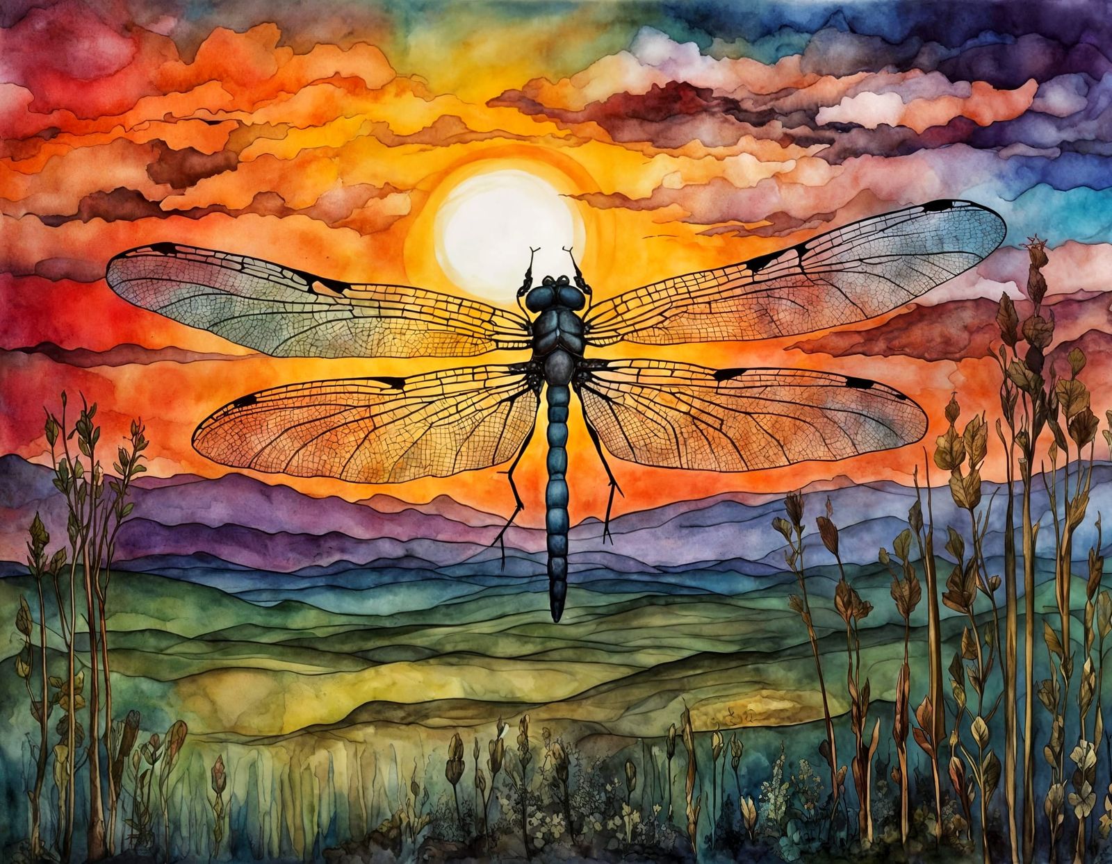 Dragonfly - Giant Dragonfly Against Vibrant Sunset