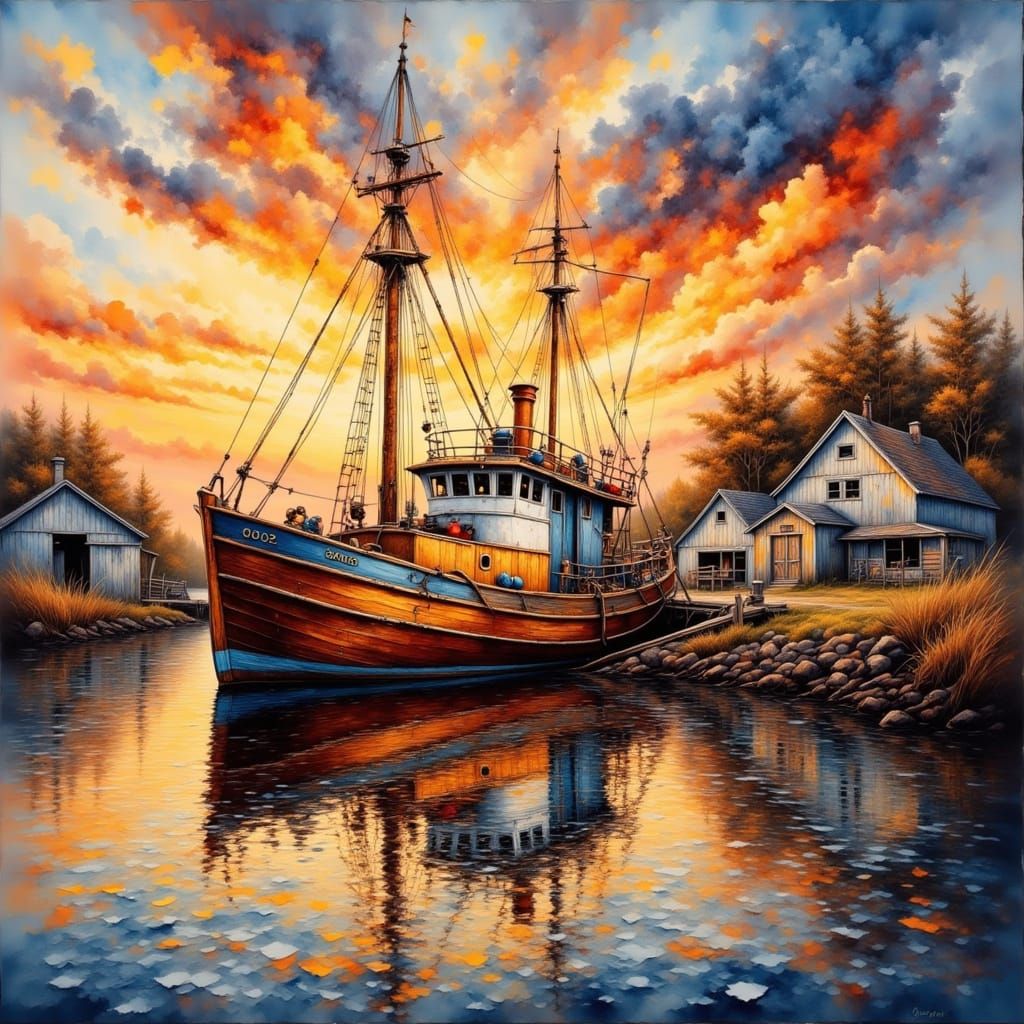 Fishing Trawler - Warm Sunset on a Quaint Fishing Harbor