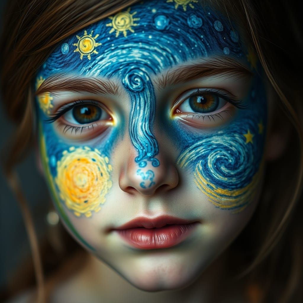 The Starry Night Face Painting - Celestial Canvas on a Young...