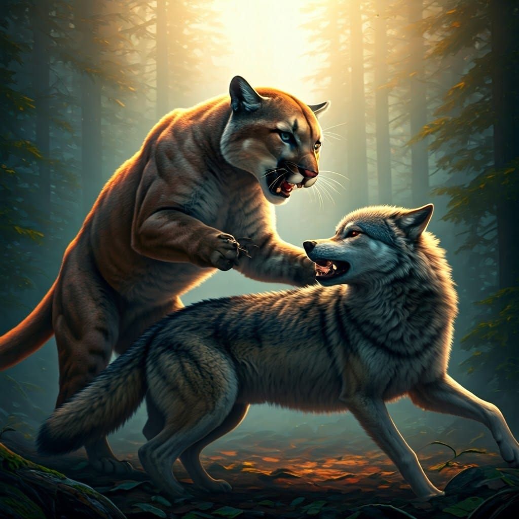 Mountain Lion vs. Wolf - Fierce Mountain Lion and Wolf Clash...