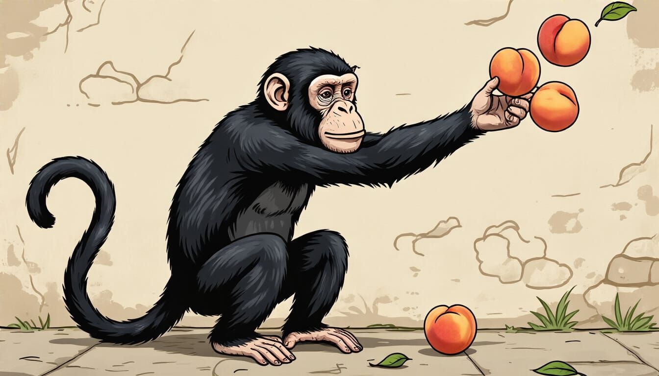 Monkey Slings Peaches: Playful Cartoon Illustratio... - AI Art