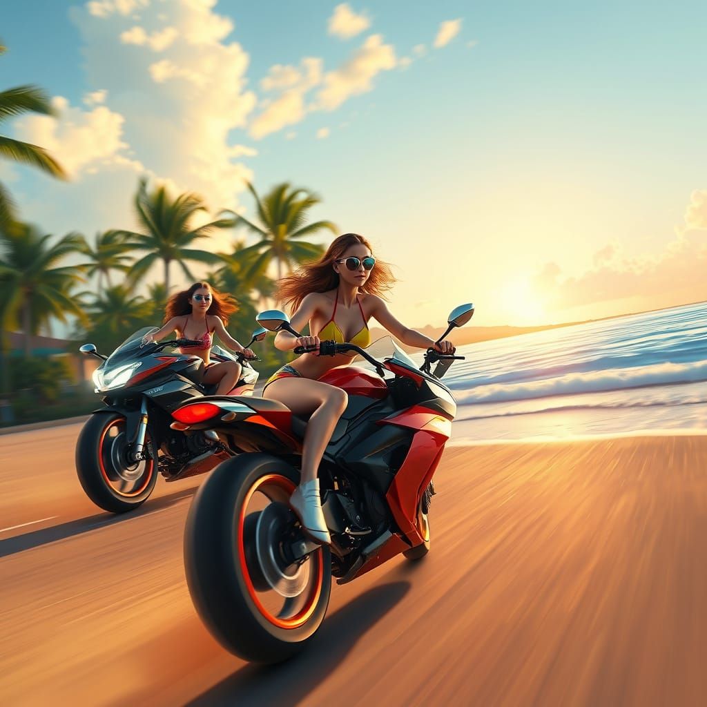 Girls Riding High-Tech Motorcycles on a Tropical B... - AI Art
