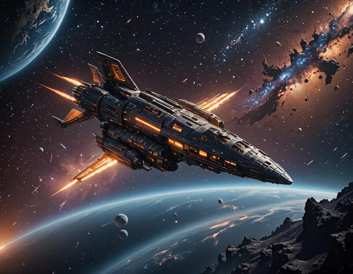 spaceship in profile flying thru space against a starry background - AI ...