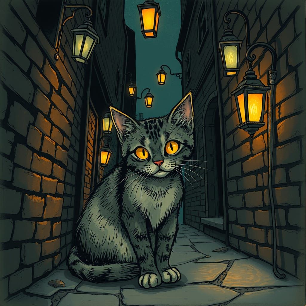 Mysterious Alley Cat in Whimsical Dark Fantasy Sty... - AI Art