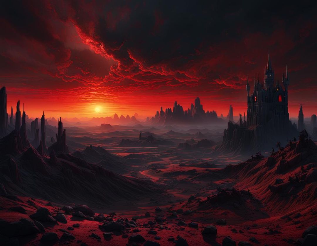 Gothic Sunsets: Paint dramatic, blood-red sunsets over shadowy landscapes, casting long, ominous ...