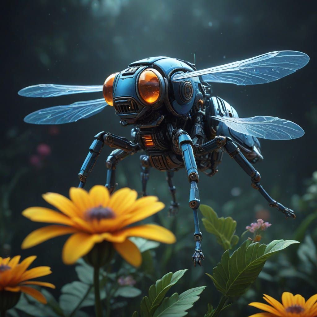A small robotically firefly on a flower