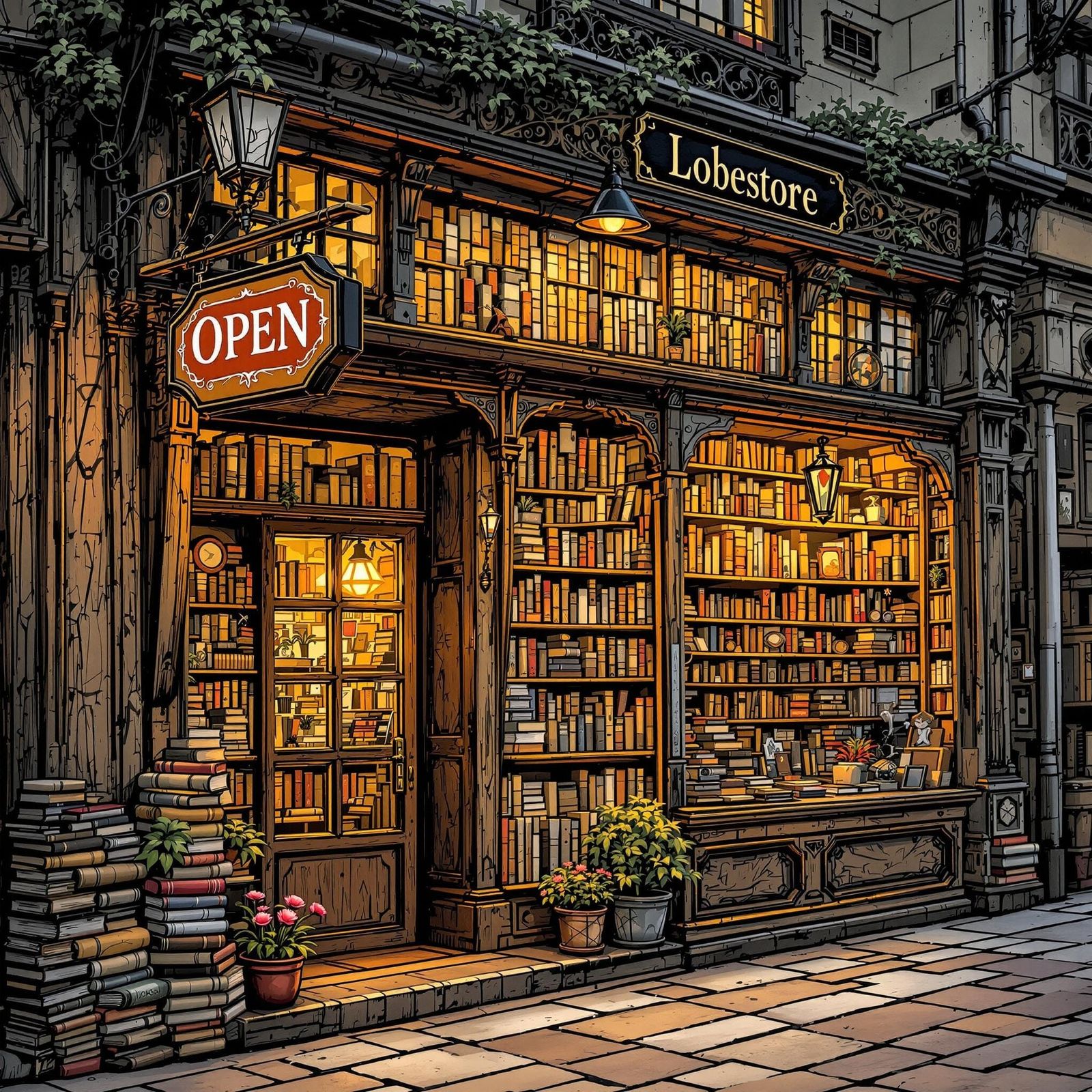 A quaint bookstore with stacks of books spilling out onto the sidewalk ...