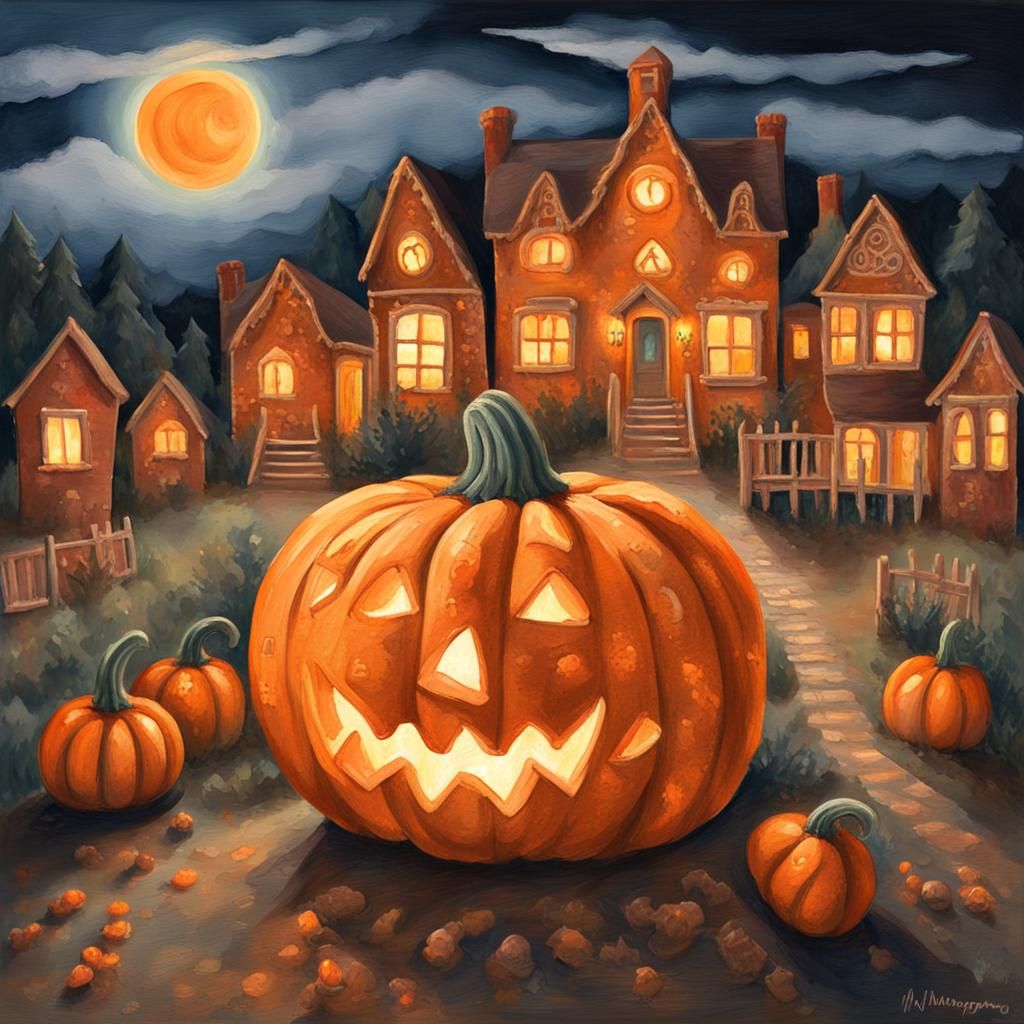 a carved pumpkin, inside is a small town made out of pumpkin with ...