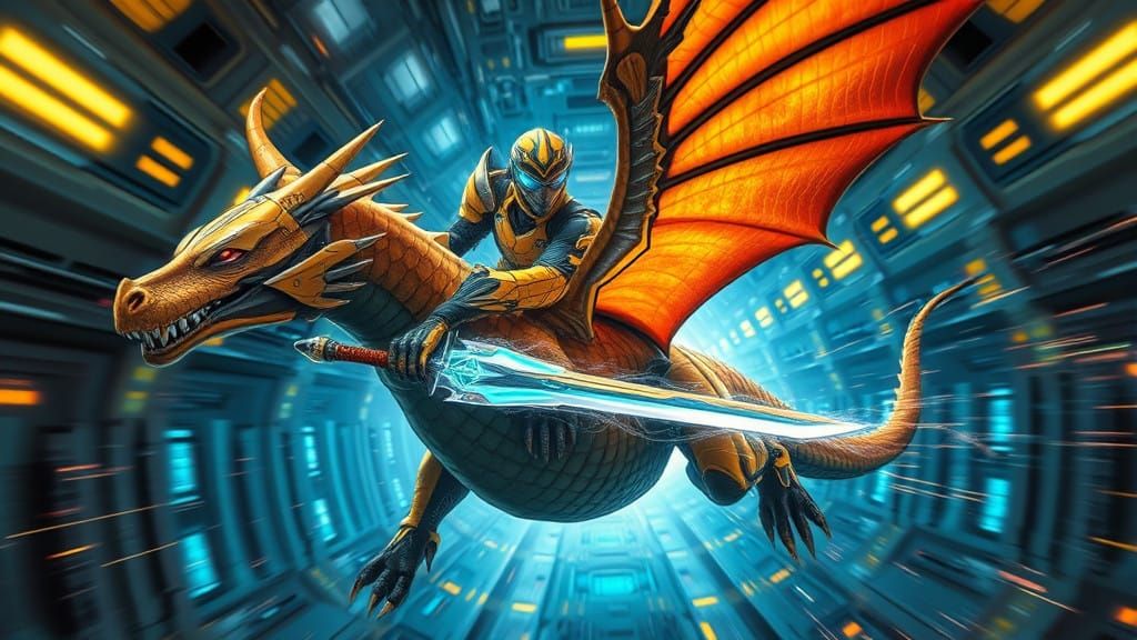 Cyberpunk Alien Rides Dragon Through Futuristic Co... - AI Art