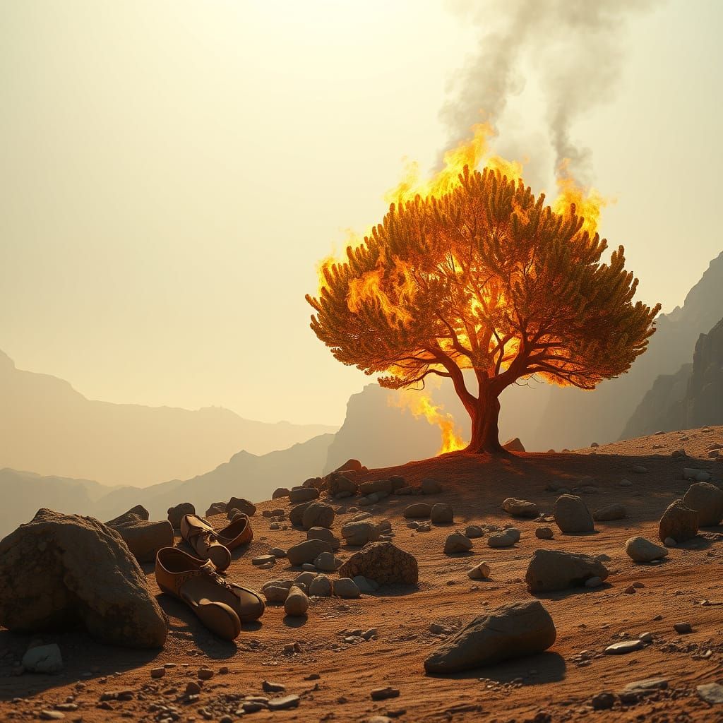 Burning Acacia Bush in Sinai Morning Light - AI Art