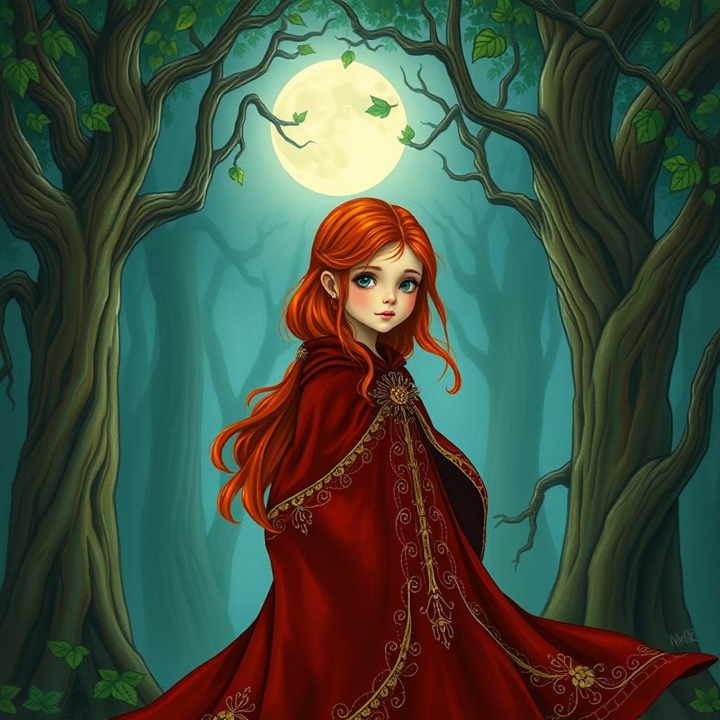 Ruby Red girl - Mystical Faerie Girl in Velvet Cloak