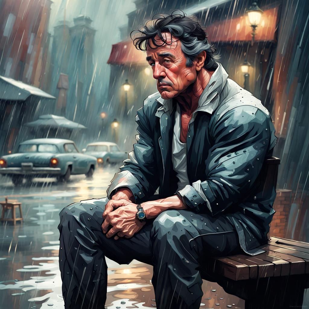 Portrait of sad Sylvester Stallone sitting all alone on a rainy day by ...