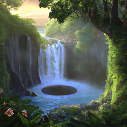 Lush green forest surrounding a circular waterfall spilling into a ...