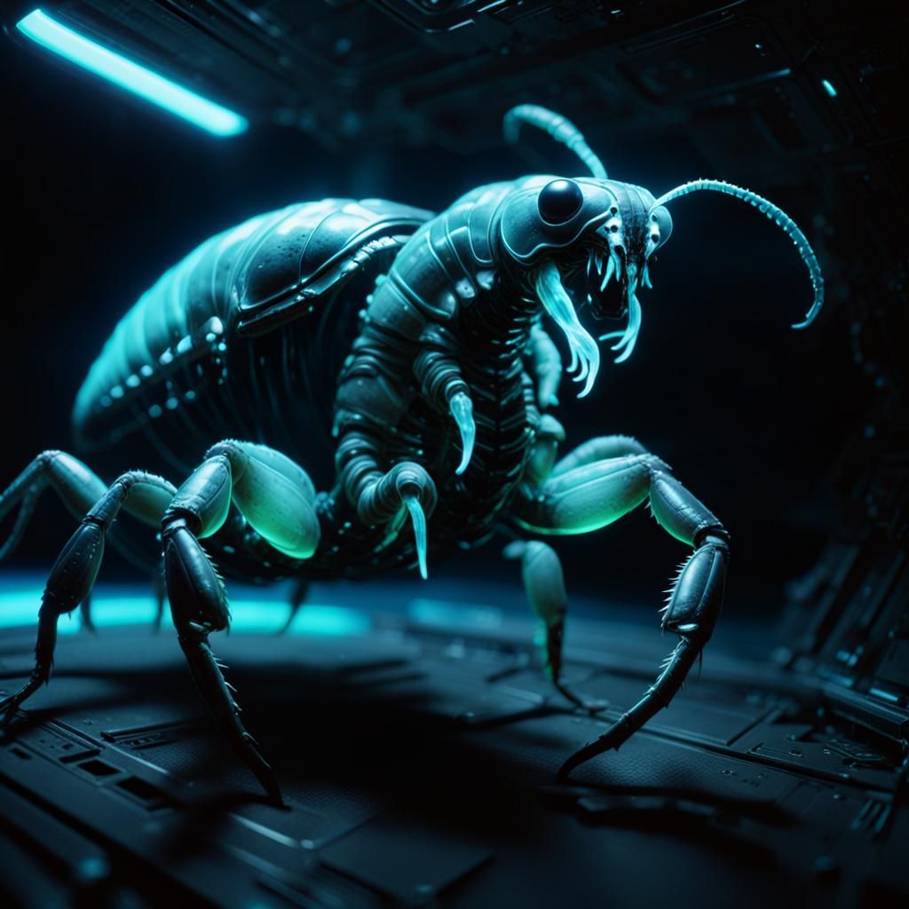 An alien bioluminescent scorpion-like creature glowing in the dark ...