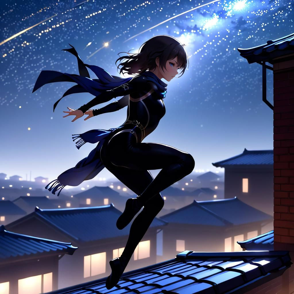 Leaping Shadow - Ethereal Ninja Silhouette Leaps Across Roof...
