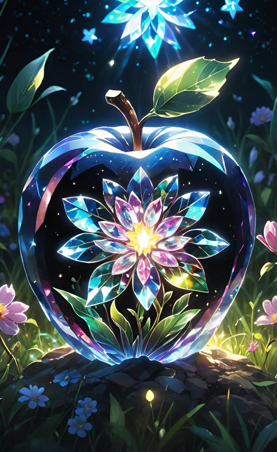 shiny glowing crystal glass apple made of shining glowing stained glass ...