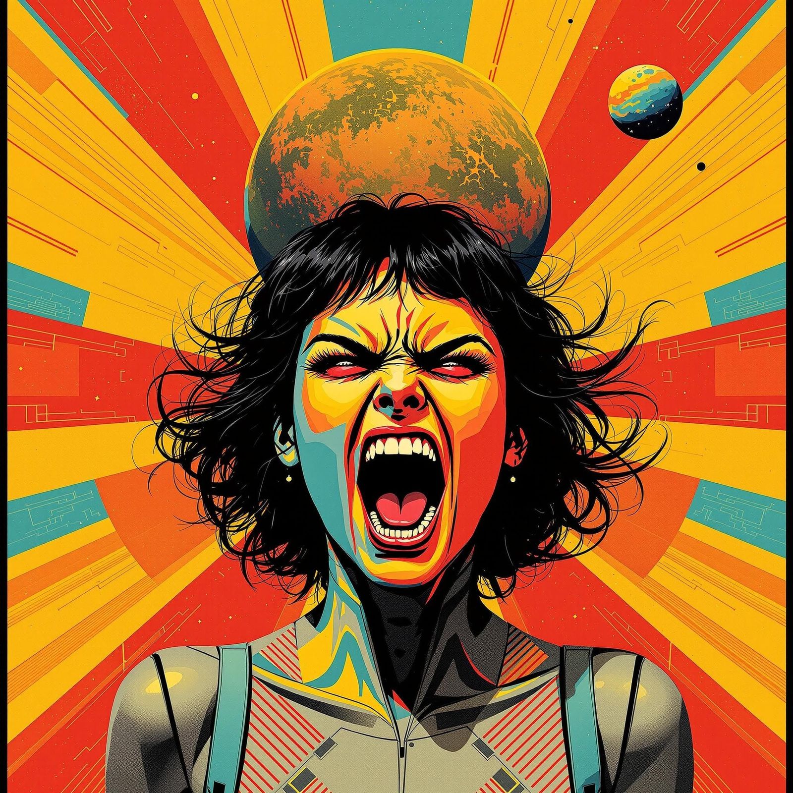 A very cute brunette woman, angry woman, screaming in a rage, poster ...