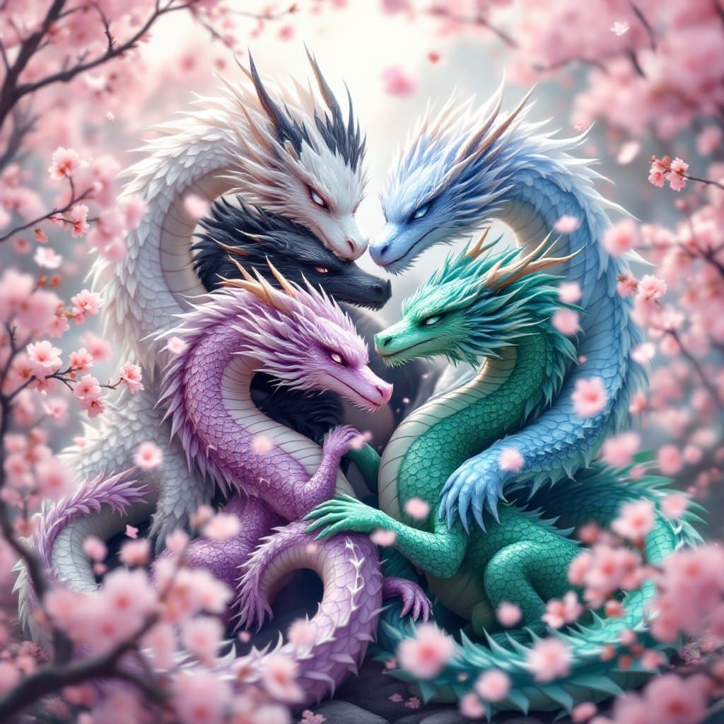 Majestic Dragons Embracing in Charming Sakura Bloo... - AI Art