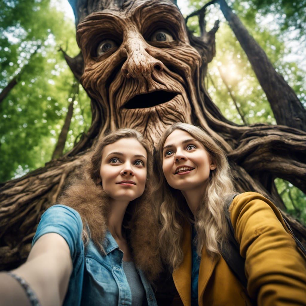 Young woman on selfie tour with a friendly tree - AI Generated Artwork ...