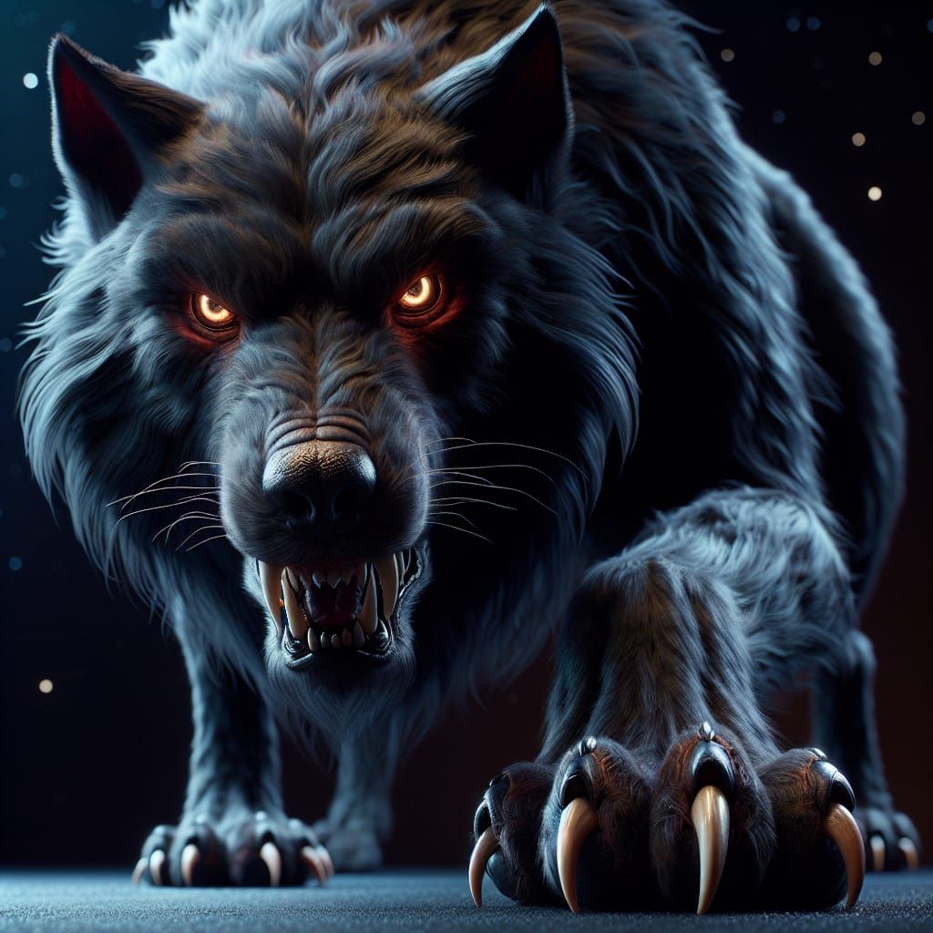 Hyperrealistic style, Huge dark black wolf, overworldly in a appearance, overall, oversized paws ...