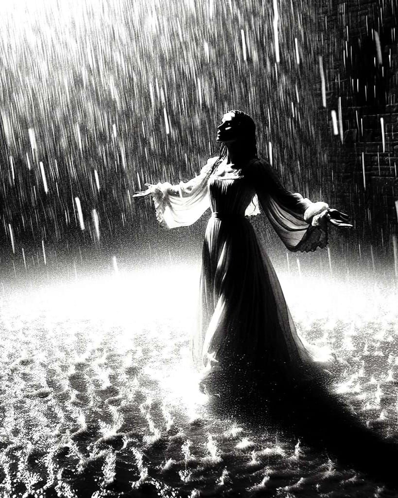 a young woman standing in the middle of a heavy rainstorm, wearing a ...