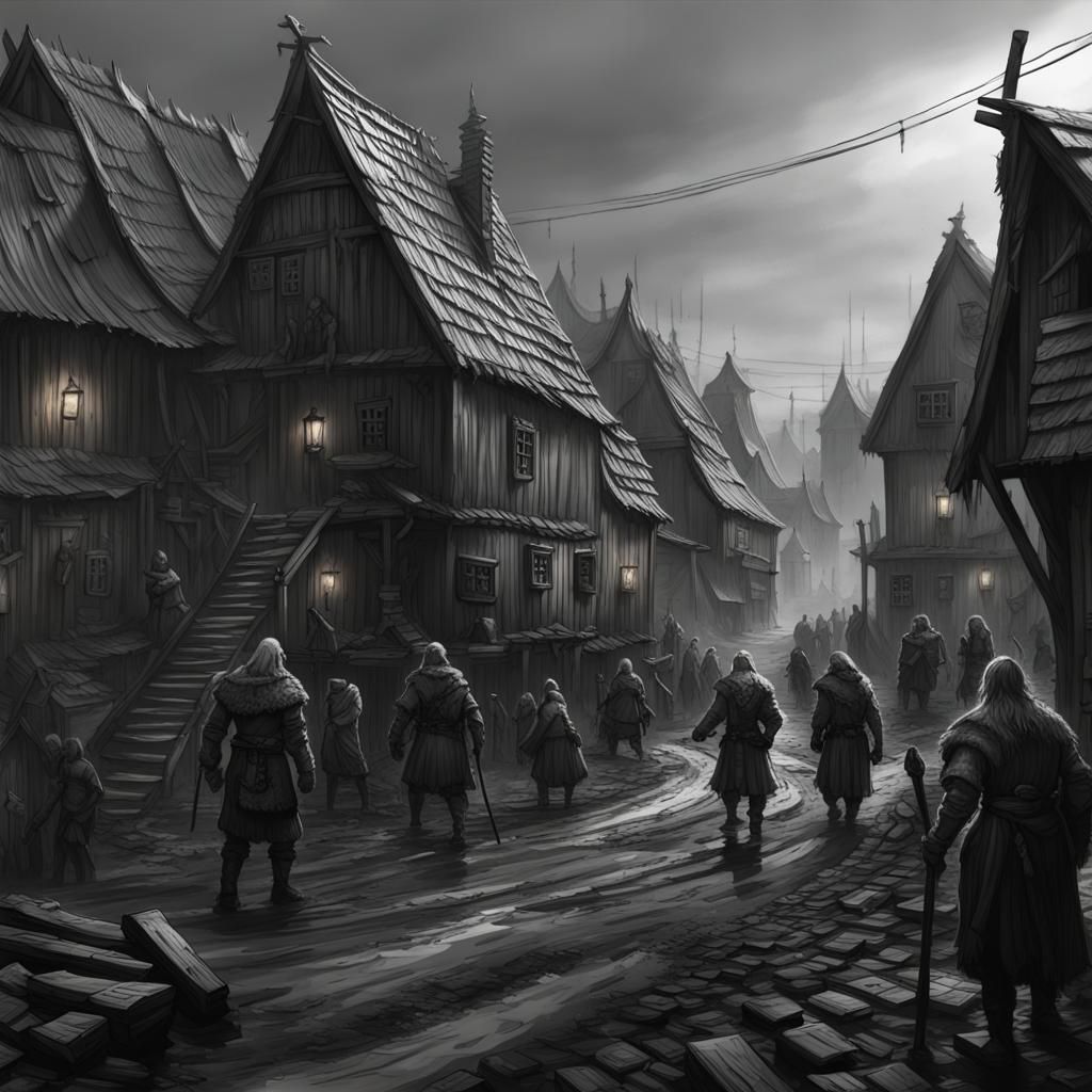 Dark, muddy street, viking city, crowded, wooden houses, people ...