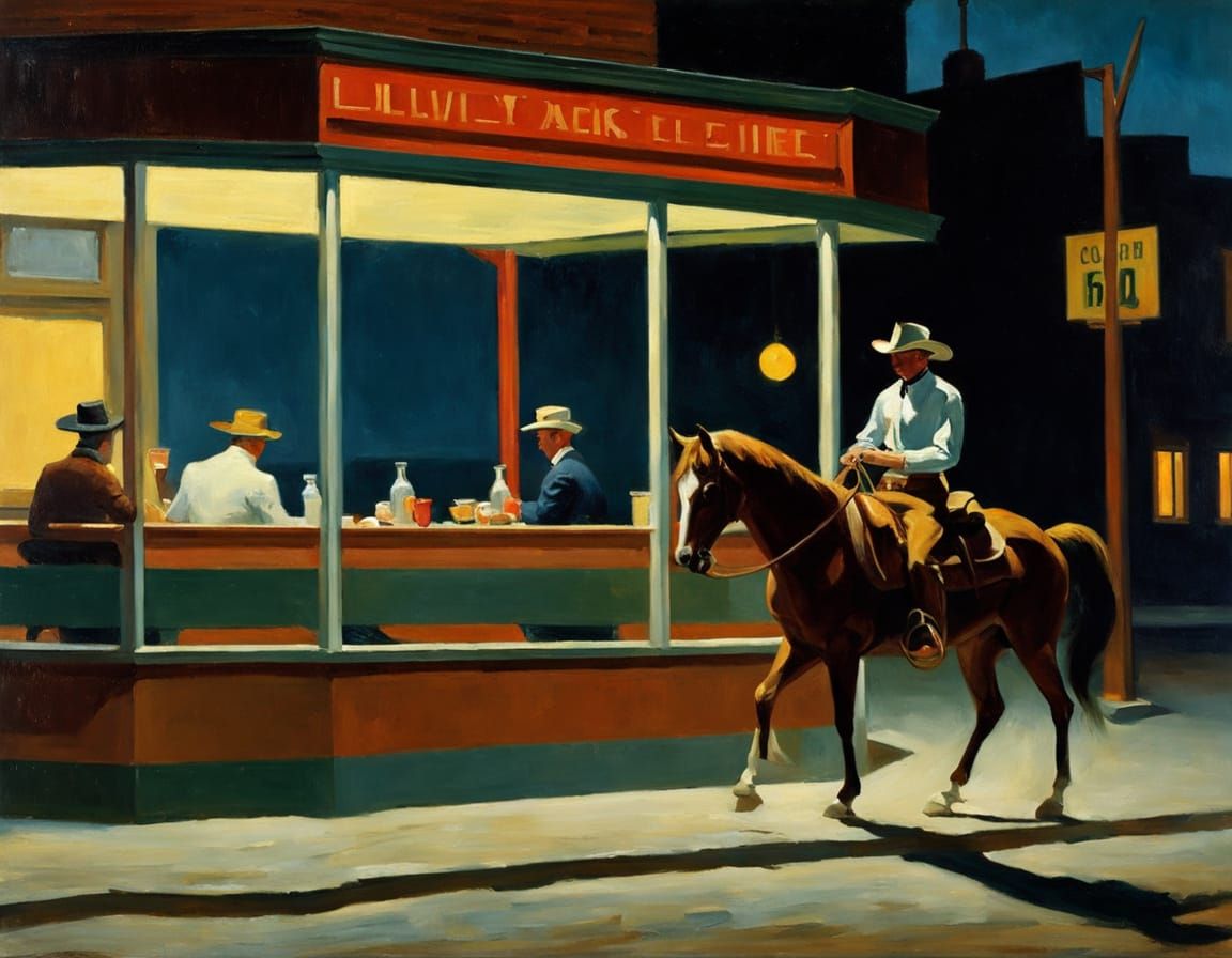 "Night Hawk"? - Cowboy at All-Night Diner in Impressionist O...