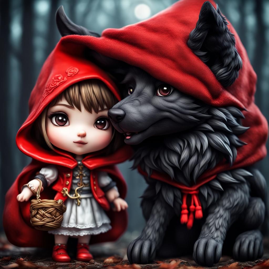 Chibi Little Red Riding Hood with chibi black wolf - AI Generated ...