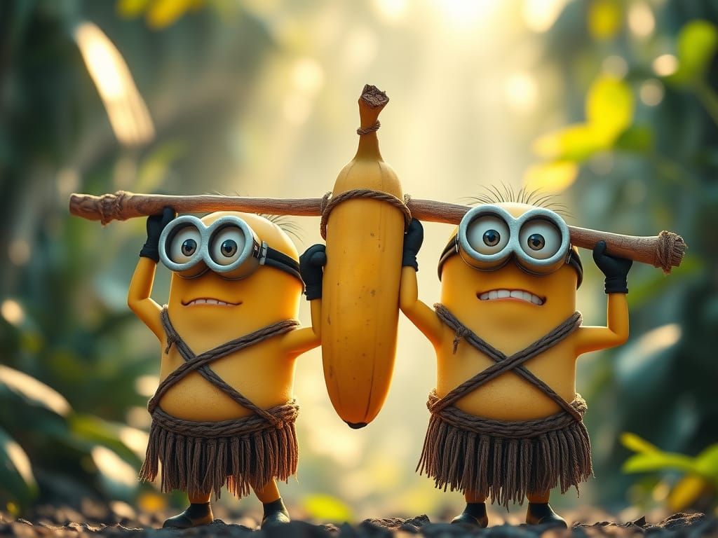 Minions Carry Banana Pole in Morning Light - AI Art