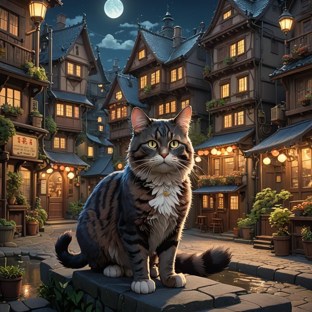 Cat in a Studio Ghibli Town at Night - AI Generated Artwork - NightCafe ...