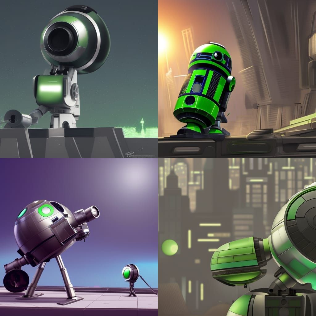 Green and silver astromech droid using a telescope in the city - AI ...