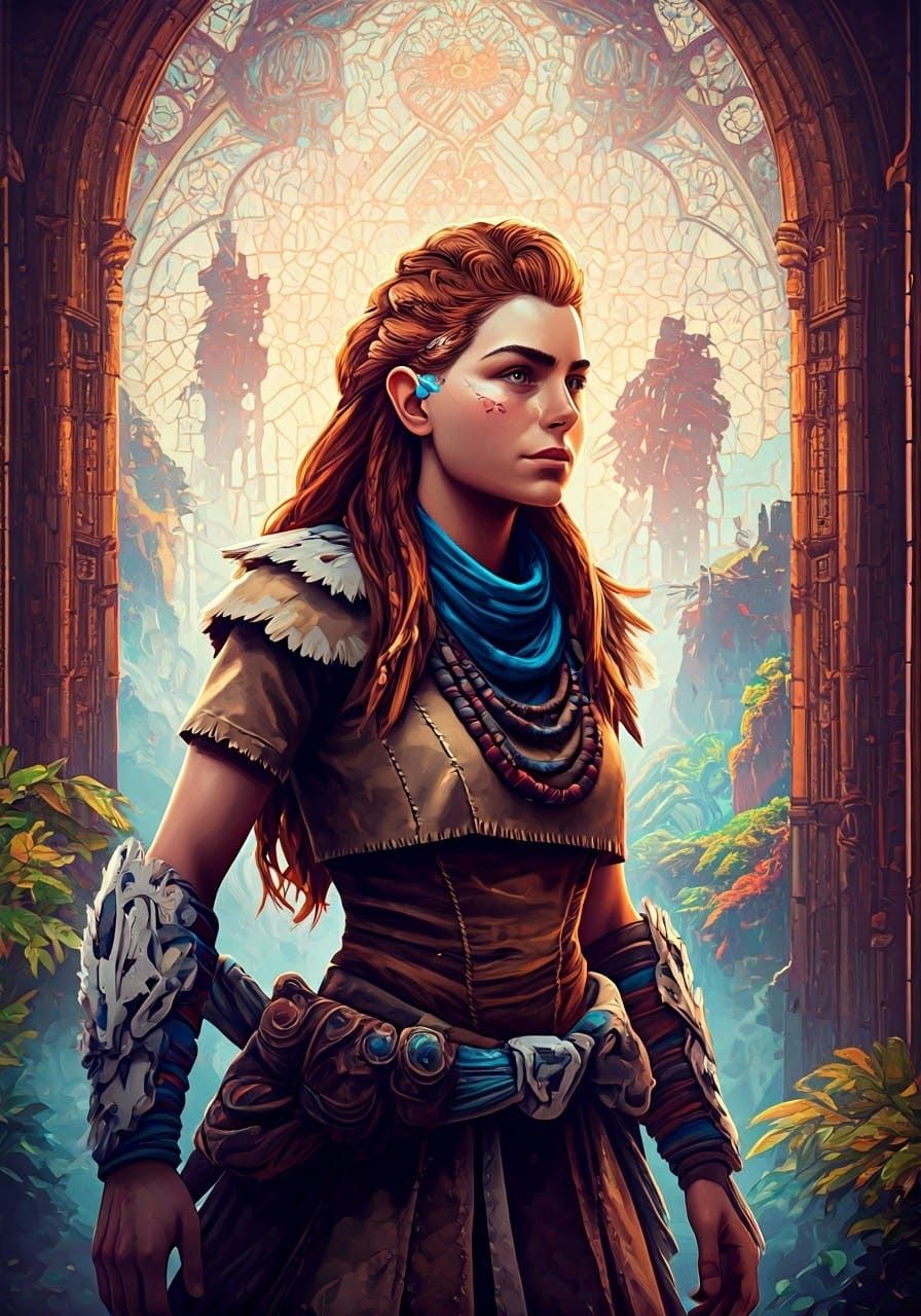 Stained glass portrait of Aloy from Horizon