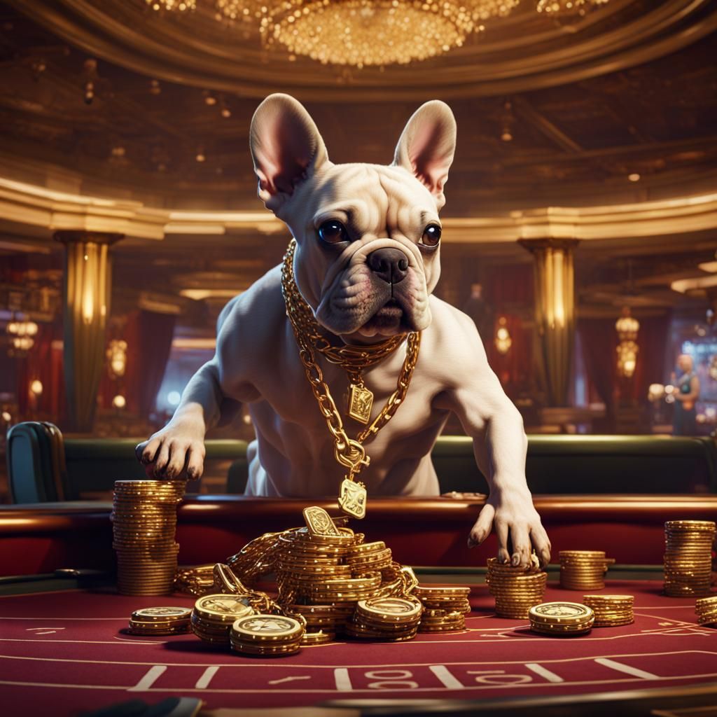 Frenchie wearing a large gold chain playing craps in a high end casino ...