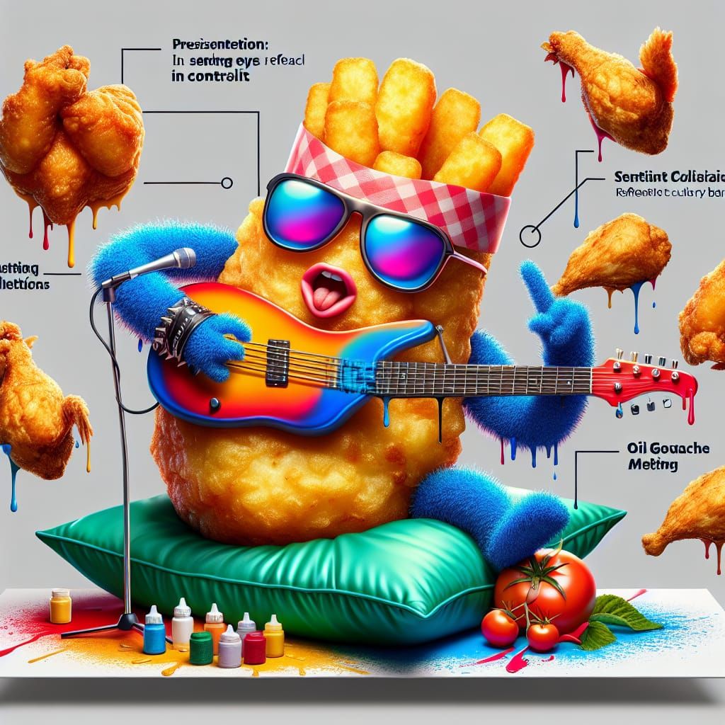 A realistic tator tot playing a realistic guitar sitting on top of a ...